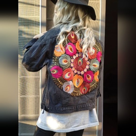 Jackets & Coats | New Boho Embroidered Floral Denim Jean Jacket ...
